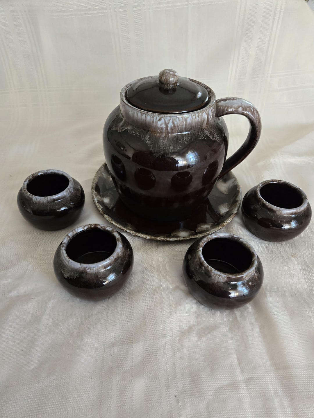 Vintage Ceramic Bean Pot With Four Bowls - Brown Finish - Etsy