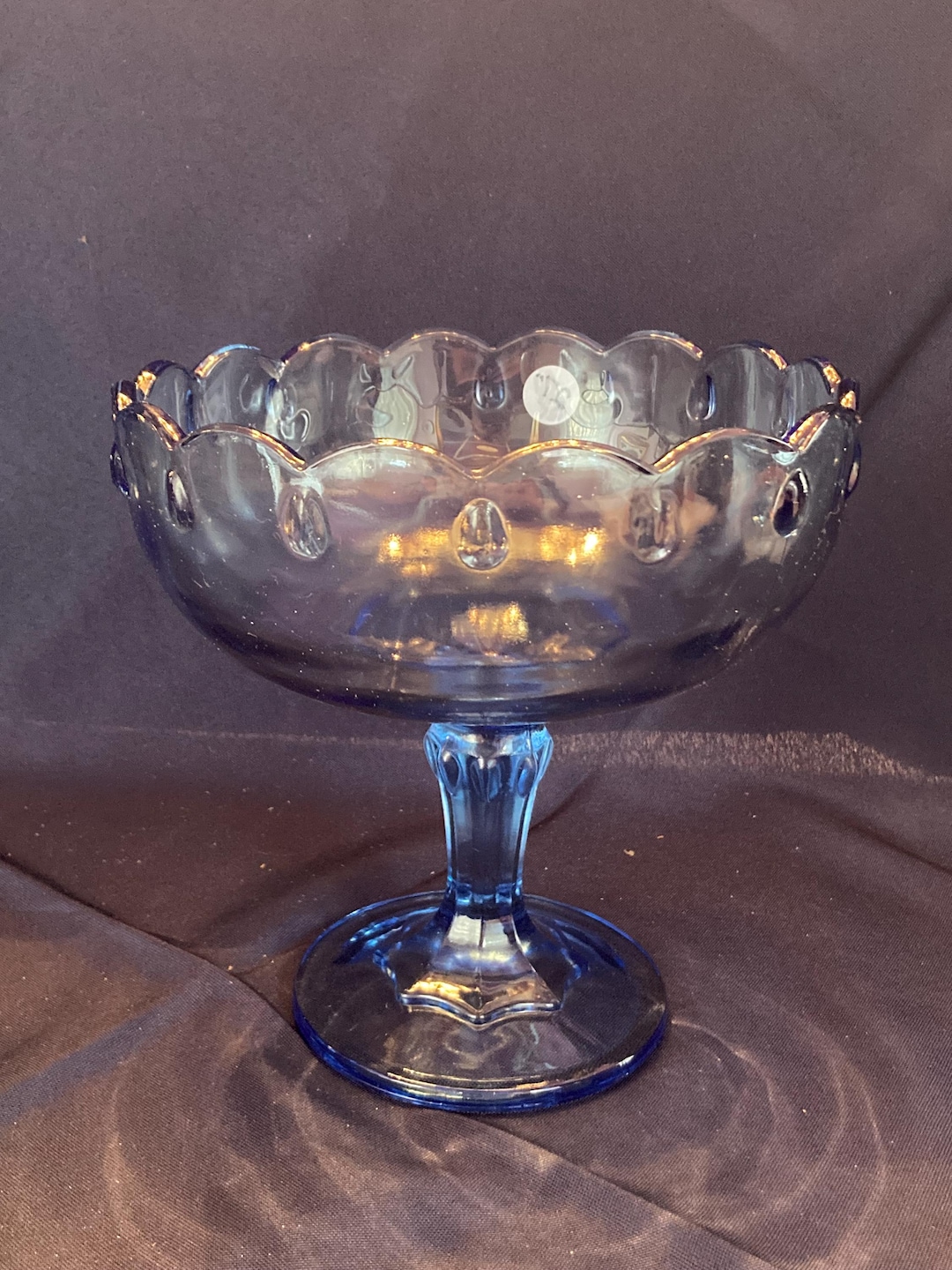 Vintage Blue Glass Pedestal Compote Bowl – Scalloped Edge & Elegant ...