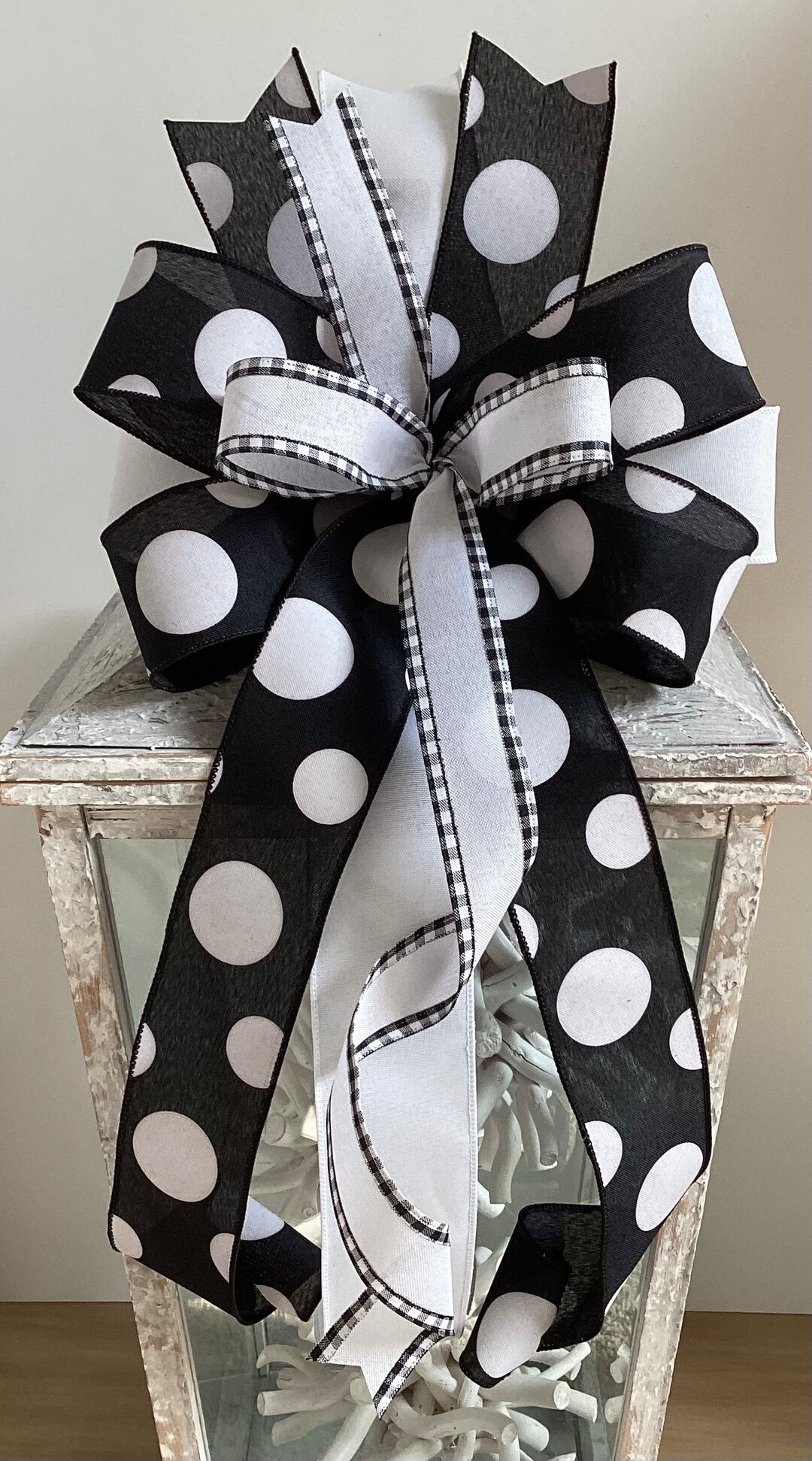 Black & White Polka Dot Everyday Wreath Bow, Lantern Bow, Door Hanger ...