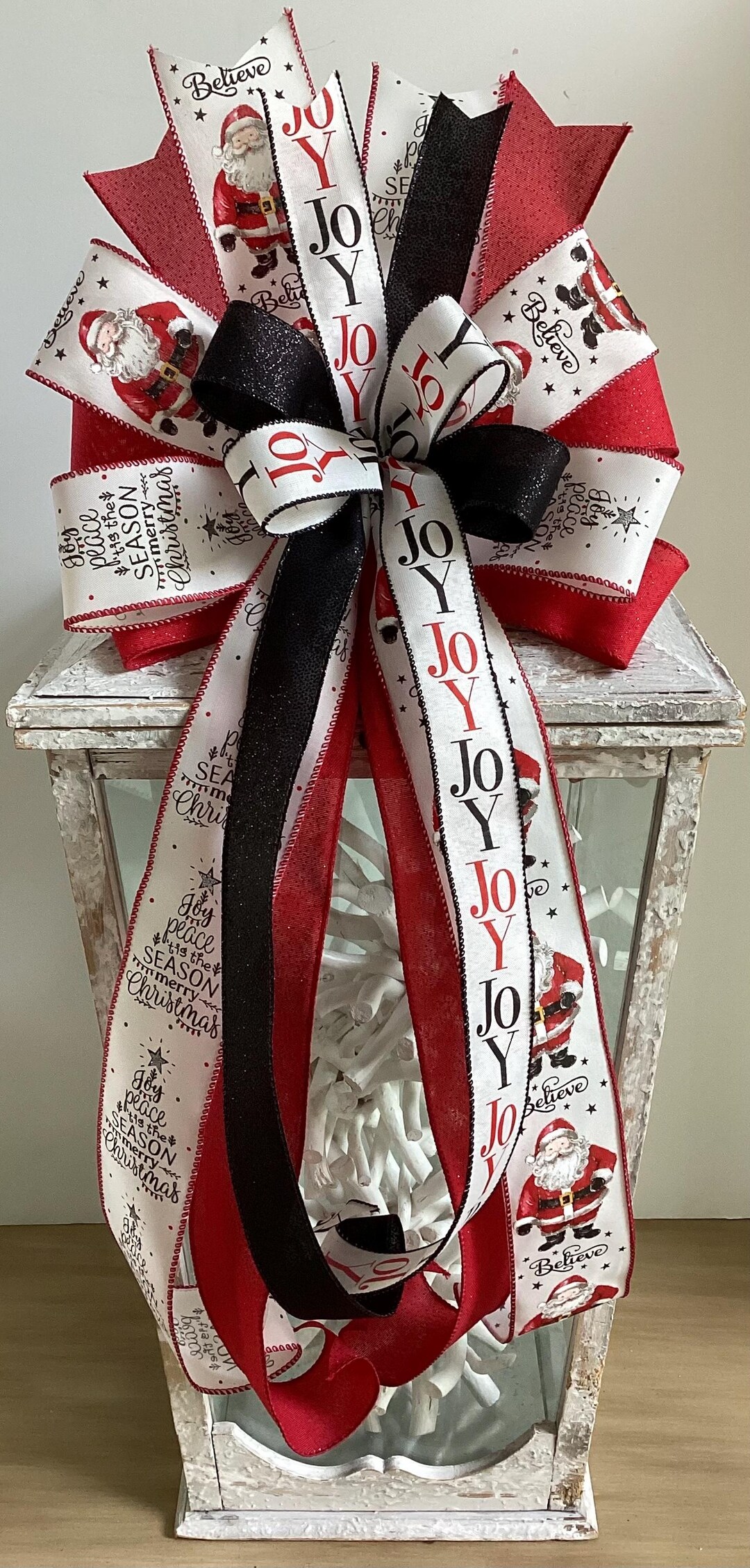 Red and Black Santa Christmas Wreath Bow, Christmas Tree Topper ...