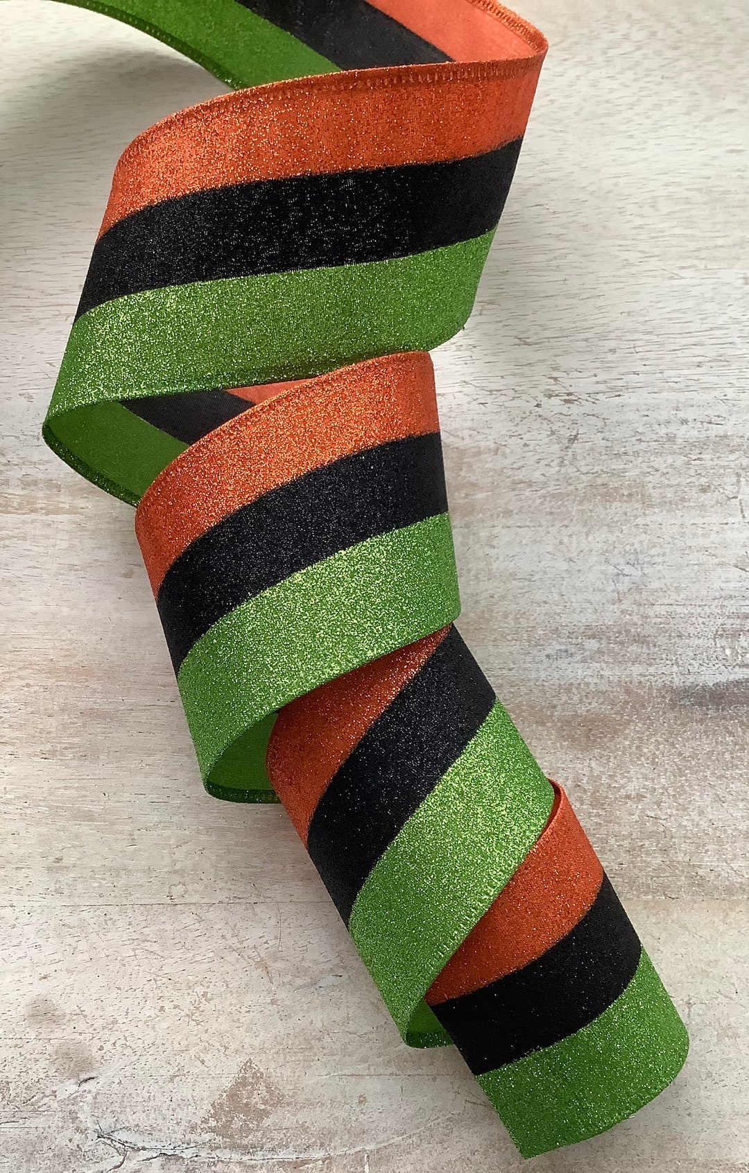 2.5” Halloween Sparkle Striped Wired Ribbon, Orange/black/green Fall ...