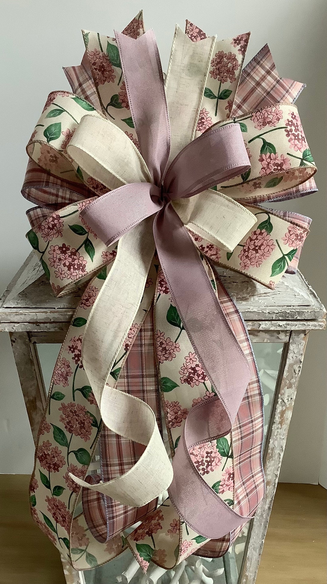 Hydrangea Wreath Bow, Summer Wreath Bow, Lantern Bow, Spring Door Hanger Bow, Wreath ...