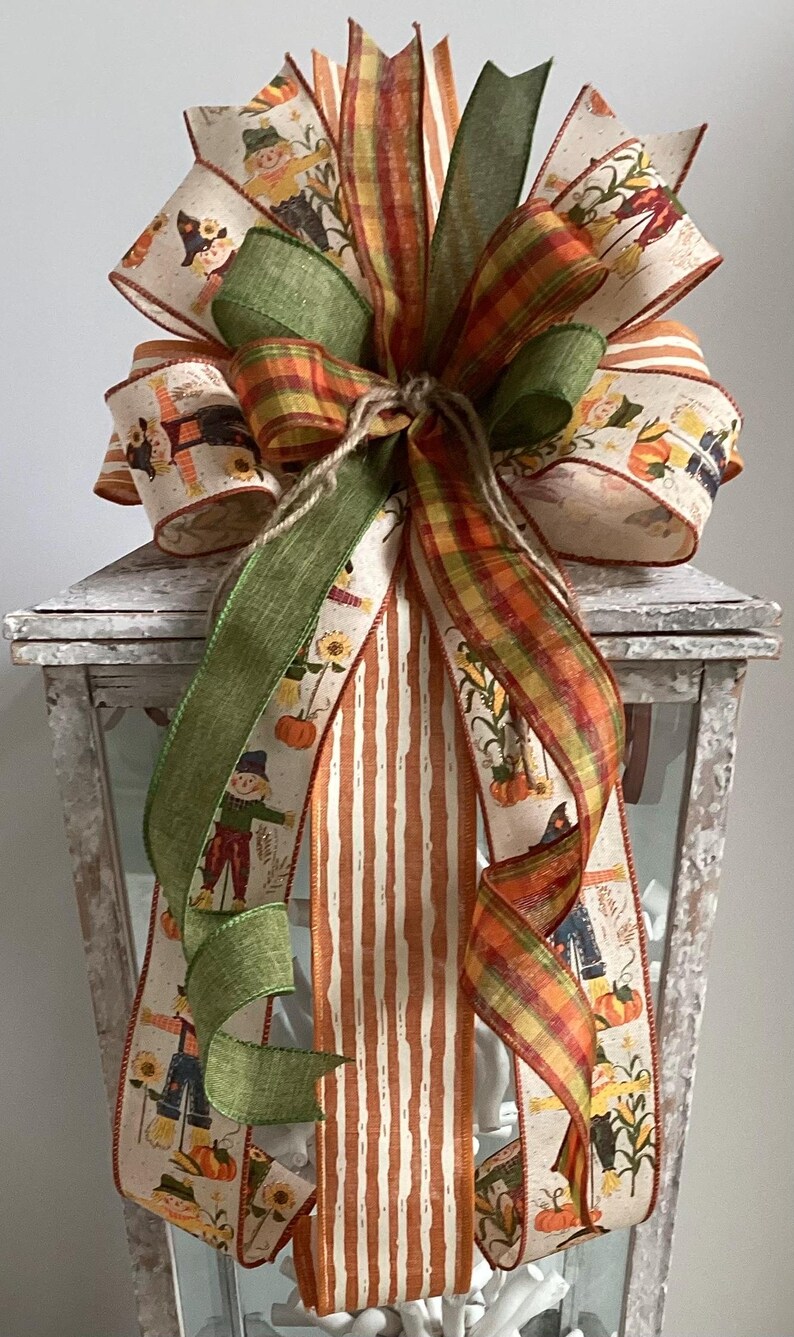 Fall Scarecrow Wreath Bow, Lantern Bow, Fall Door Hanger Bow, Wreath ...