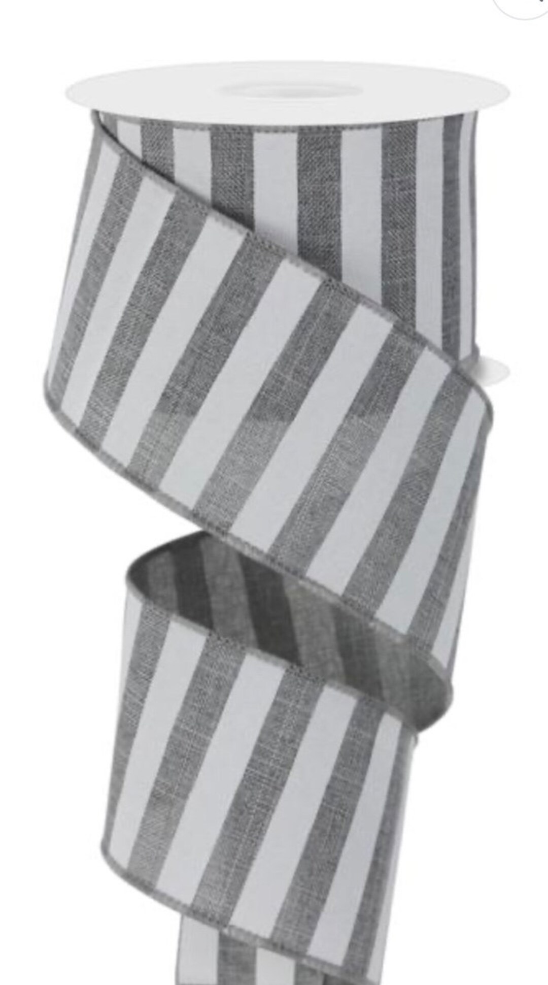 2.5” Grey and White Stripe Wired Ribbon, Everyday Ribbon, Craft Ribbon ...