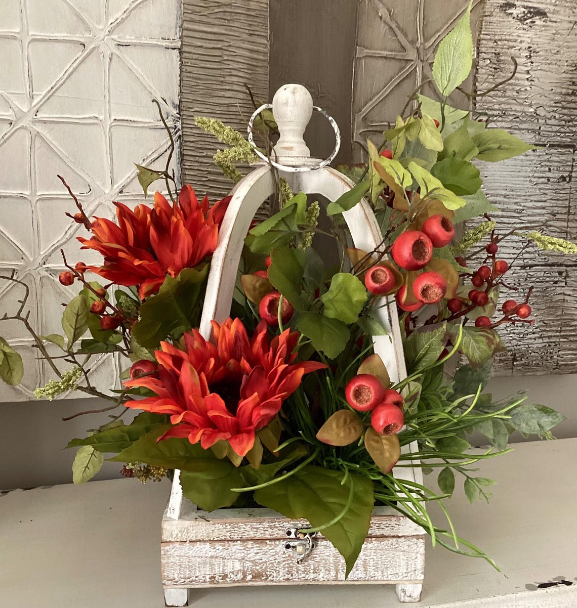 Fall Floral Lantern Arrangement, Rust Sunflower Centerpiece, Lantern ...