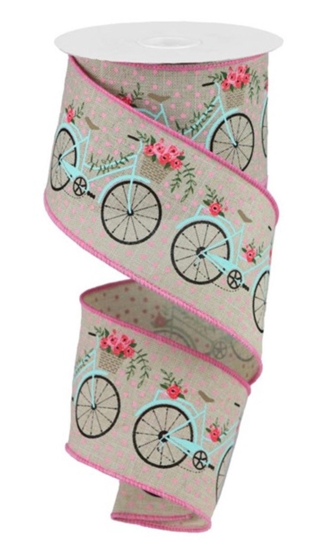 10 Yards Bicycle Print Wired Ribbon 2.5” Wide, Spring Ribbon, Aqua and ...