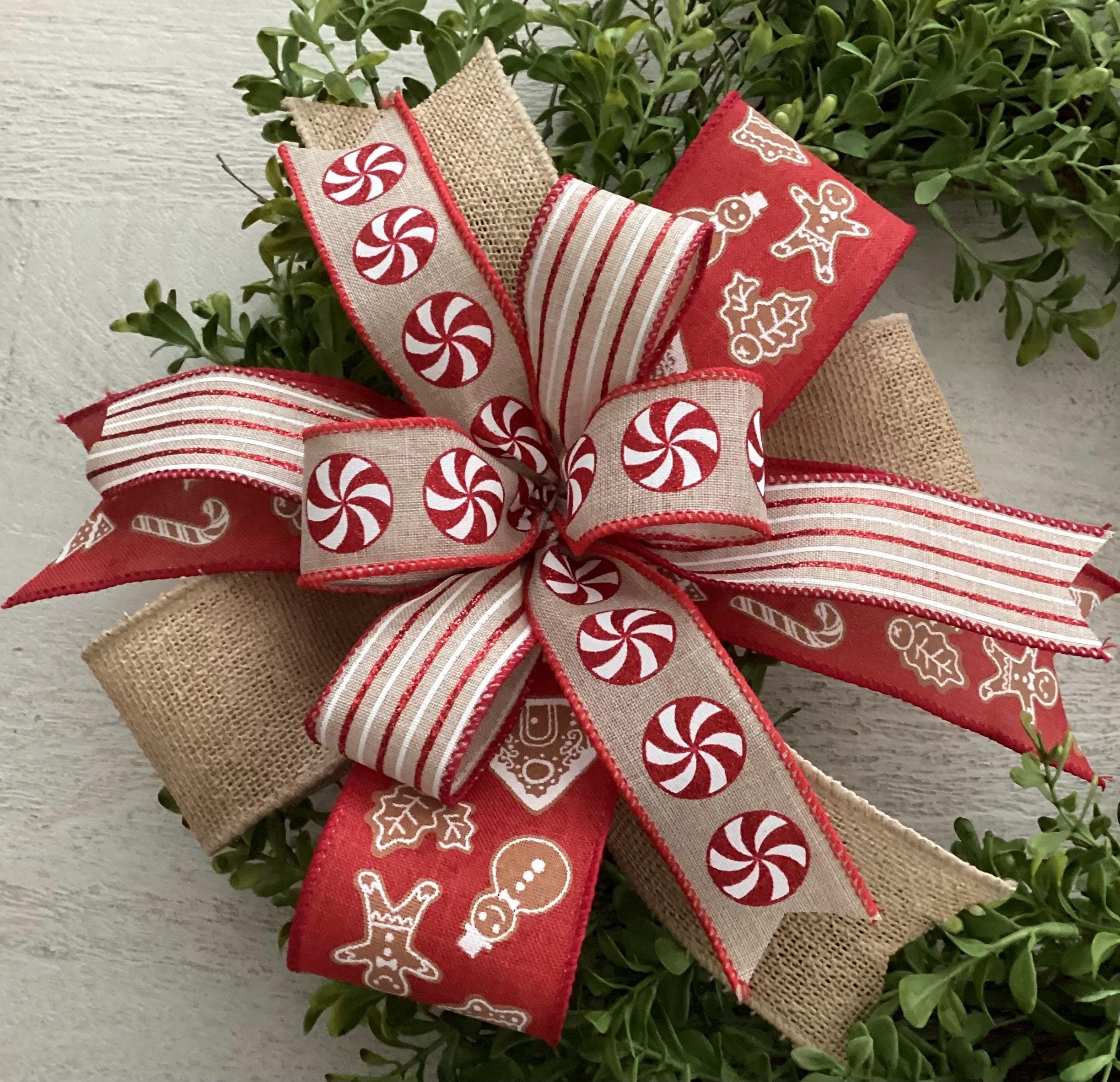 Christmas Gingerbread Print Wreath Bow, Farmhouse Christmas Bow, Red ...