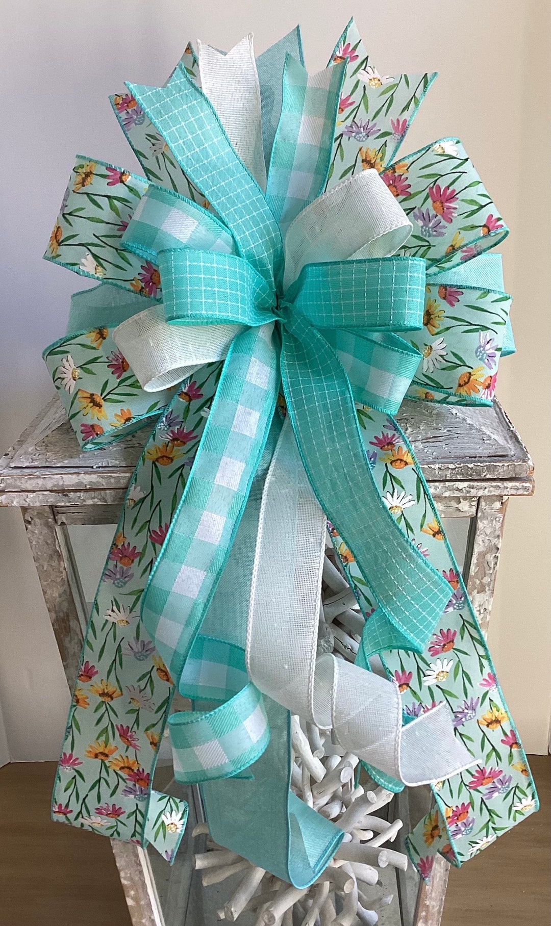 Spring Floral Wreath Bow, Spring Wreath Bow, Lantern Bow, Door Hanger ...