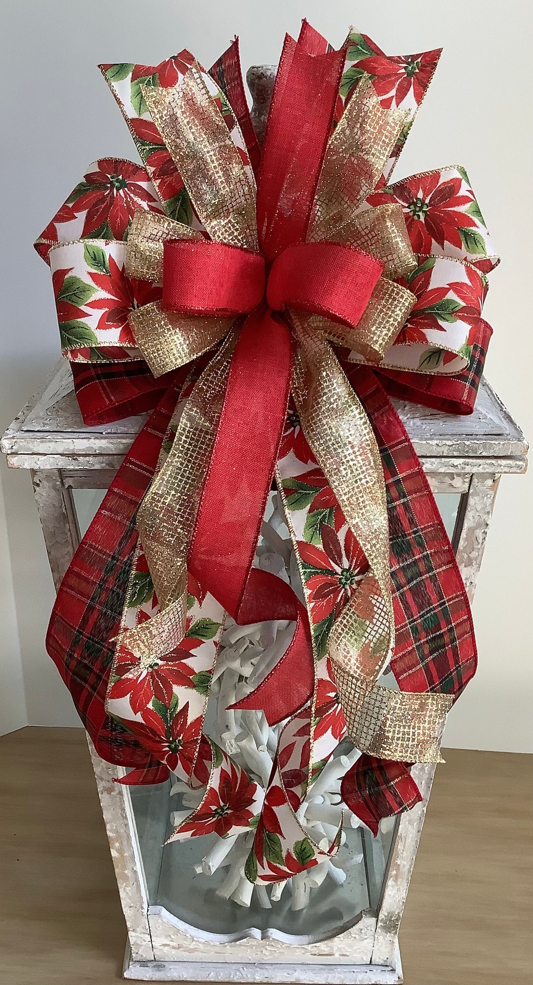 Christmas Wreath Bow Poinsettia Bow Christmas Tree Topper Bow