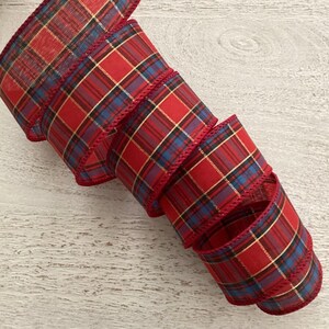 1.5” Red Blue and Gold Christmas Plaid Wired Ribbon, Christmas Check ...