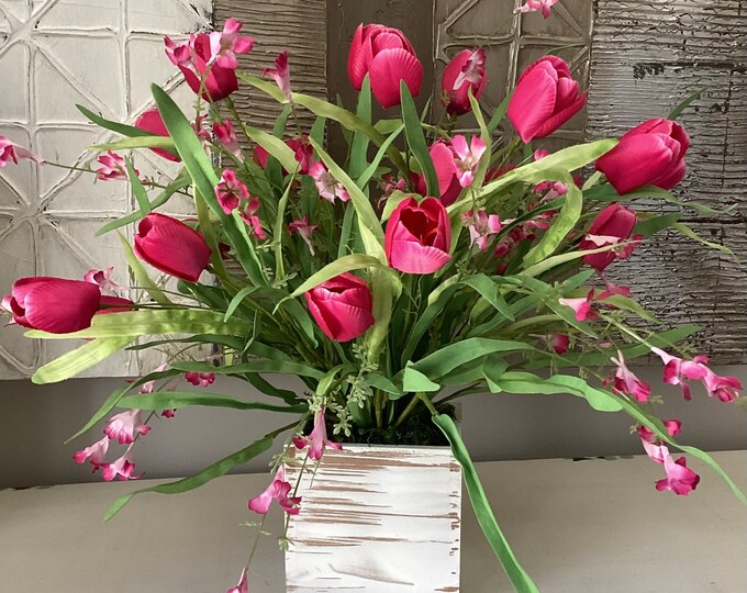 Spring Tulip Arrangement, Pink Tulip Centerpiece, Flower Box ...