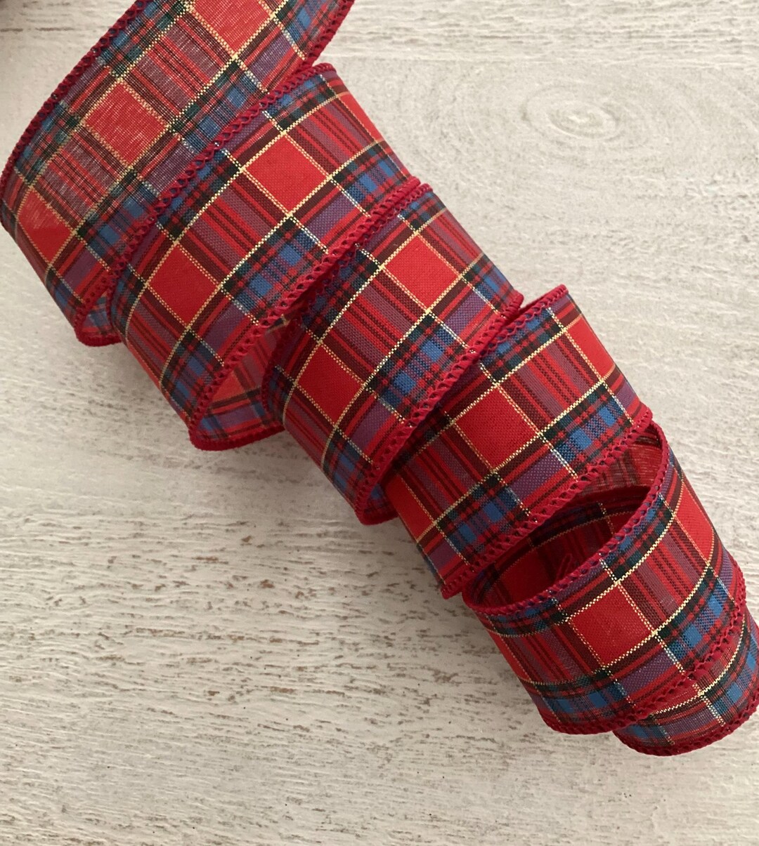 1.5” Red Blue and Gold Christmas Plaid Wired Ribbon, Christmas Check ...