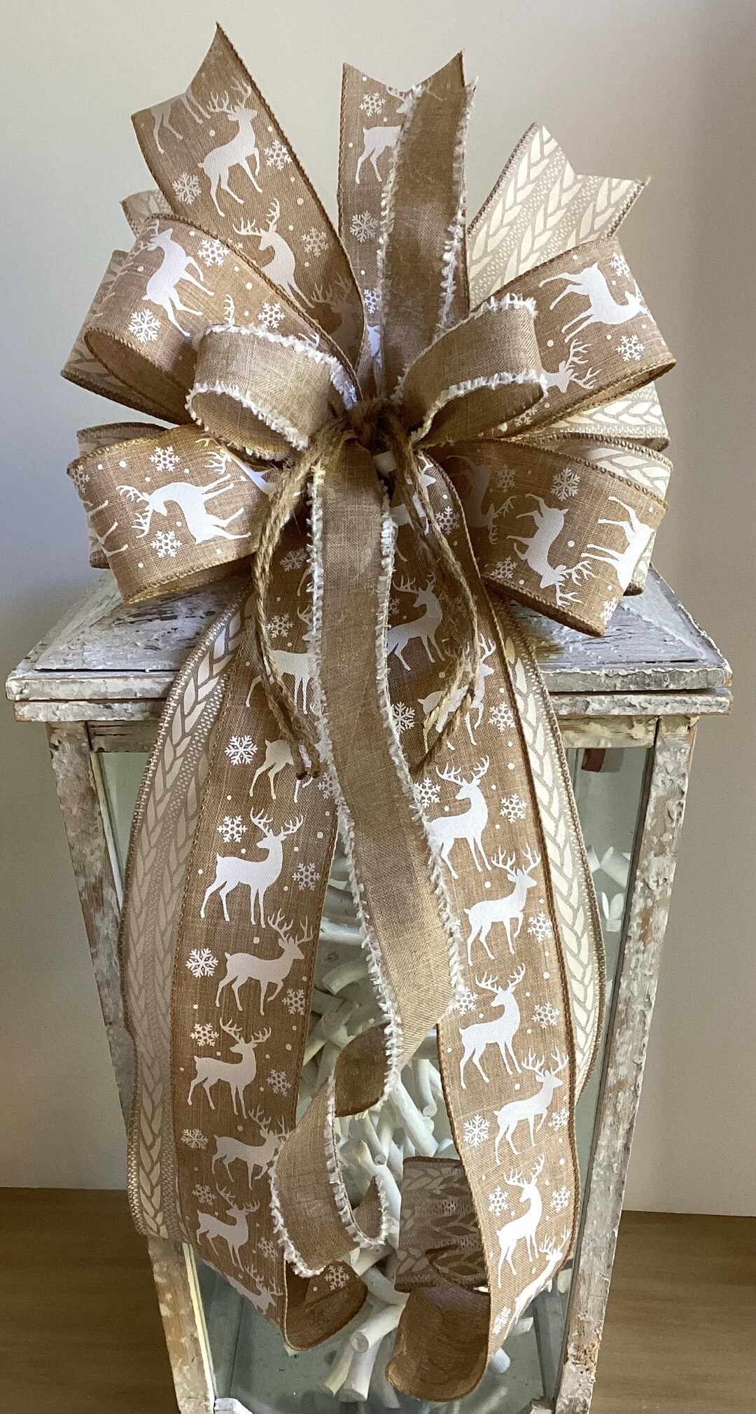 Christmas Reindeer Bow, Farmhouse Christmas Wreath Bow, Christmas Tree ...