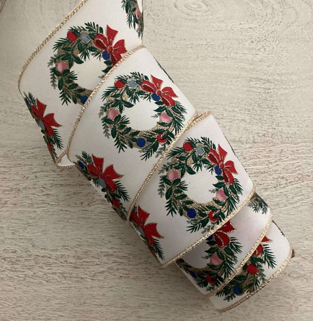 2.5” Christmas Wreath Print Wired Ribbon, Green Red and Ivory Christmas ...