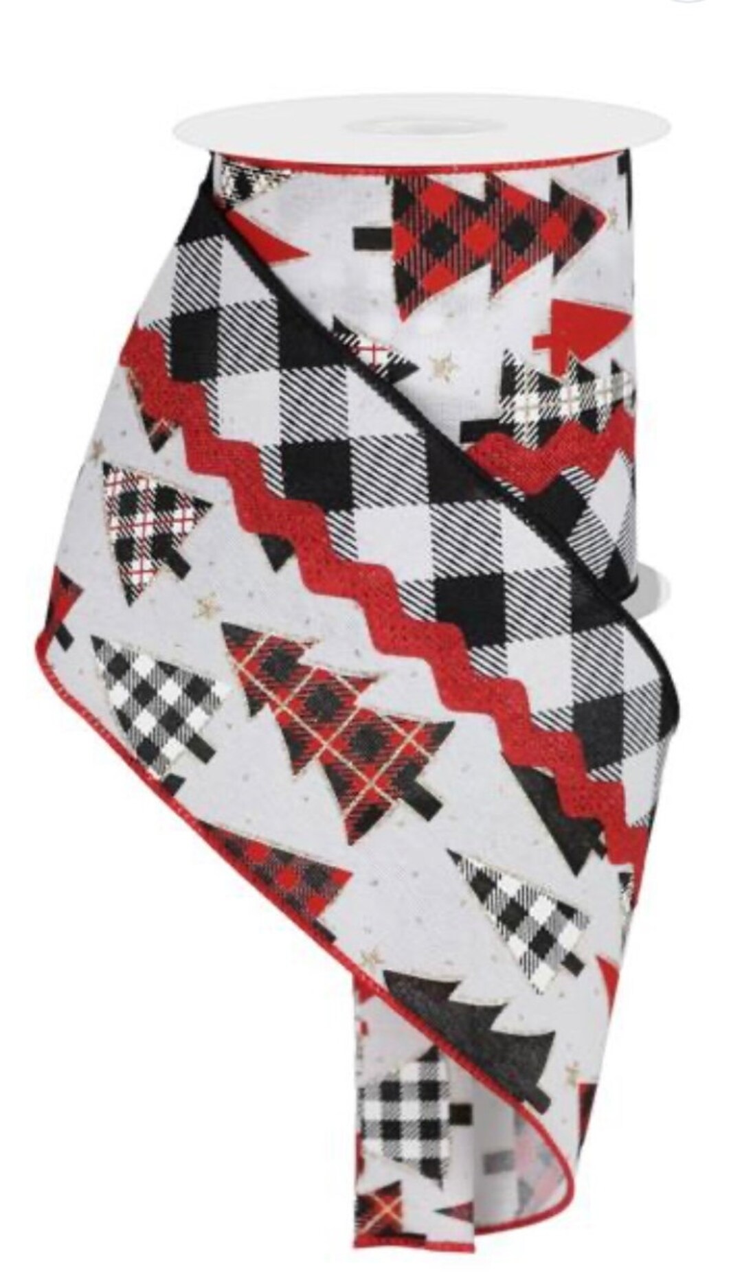 Christmas Tree Plaid Check Print Wired Ribbon, Red Black & White ...