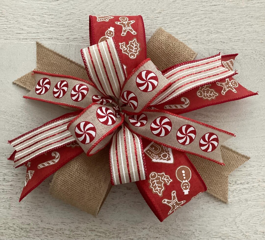 Christmas Gingerbread Print Wreath Bow, Farmhouse Christmas Bow, Red ...