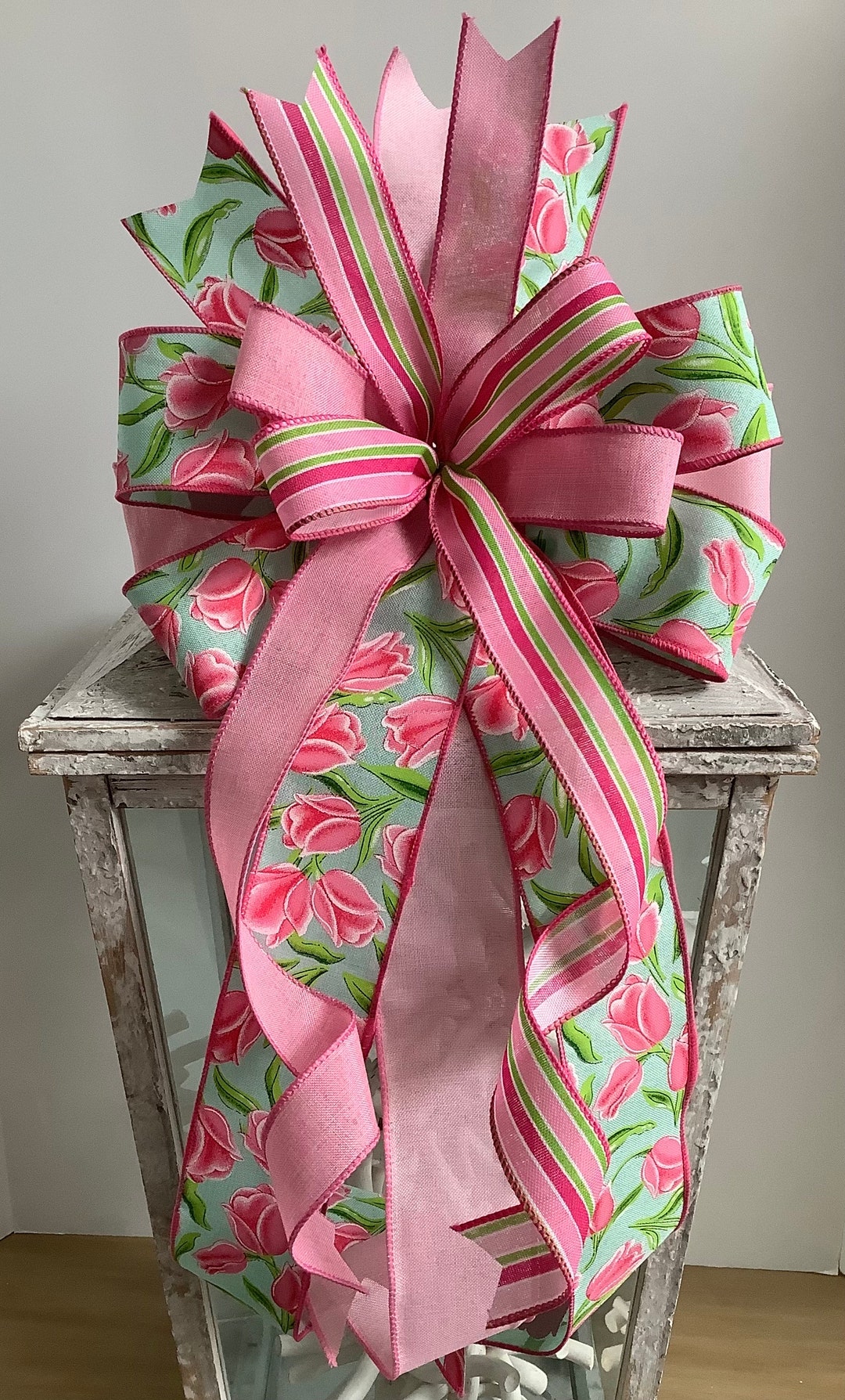 Tulip Wreath Bow, Spring Wreath Bow, Lantern Bow, Spring Door Hanger ...