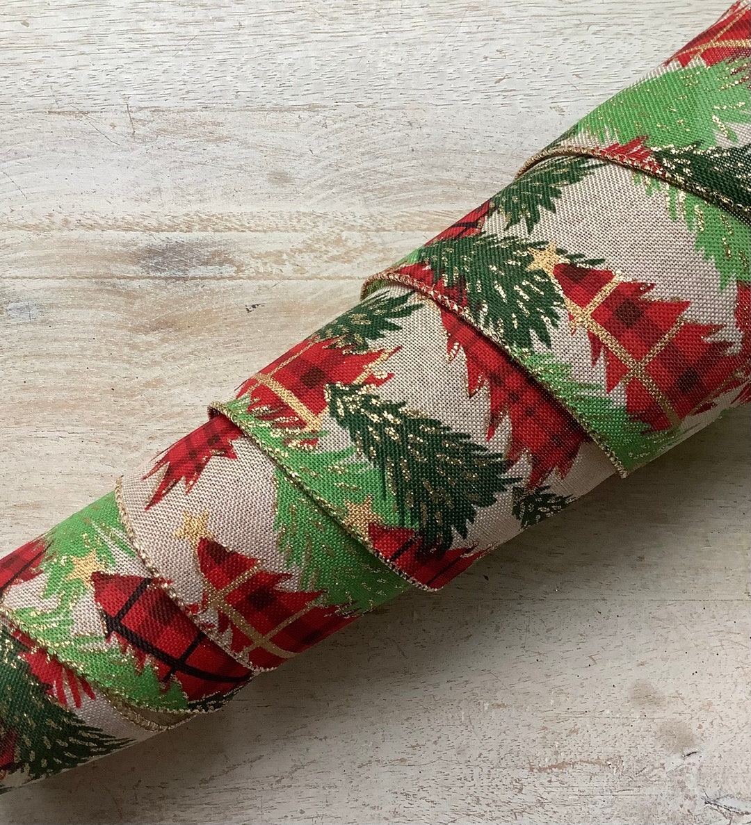 Christmas Tree Print Wired Ribbon, Red & Green Christmas Wired Ribbon ...