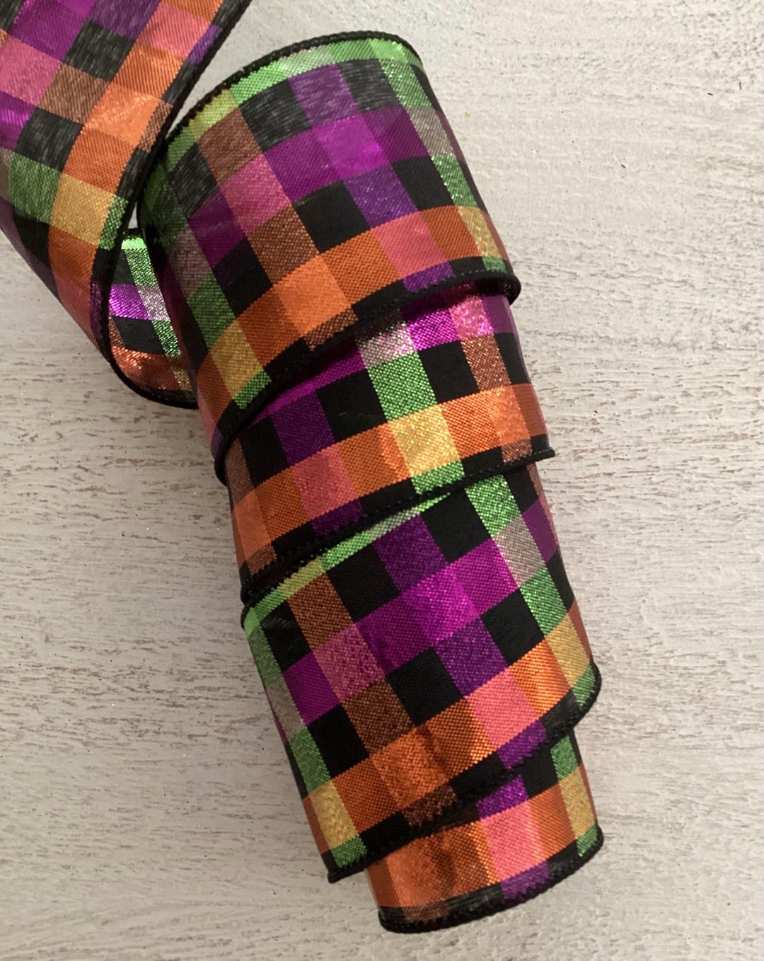 2.5” Halloween Check Wired Ribbon, Multicolor Plaid Halloween Ribbon ...
