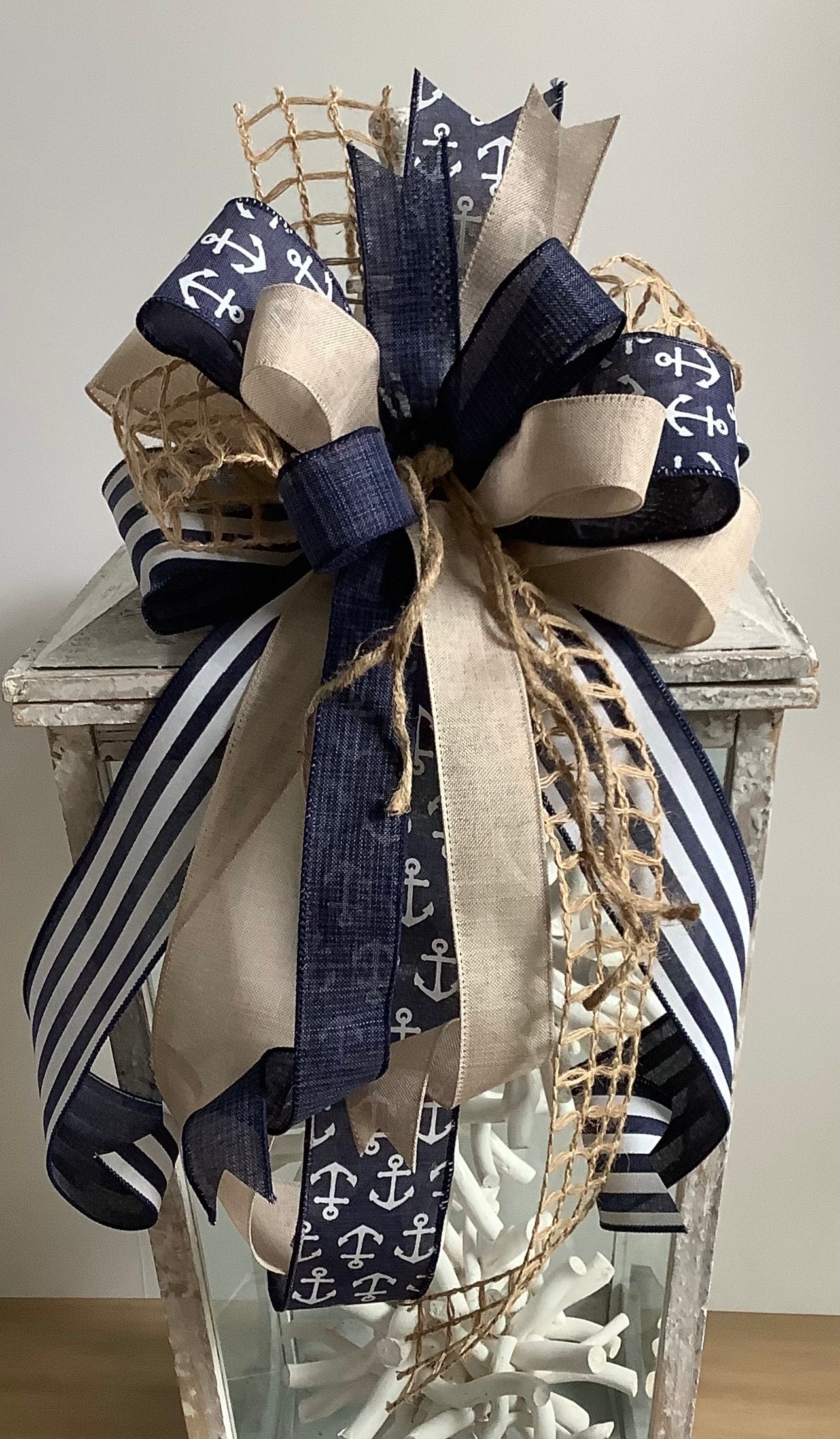 Nautical Wreath Bow, Coastal Decor, Beach Wreath Bow, Anchor Wreath Bow ...