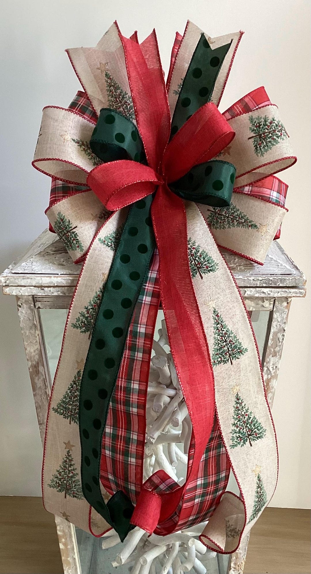 Christmas Bow, Farmhouse Christmas Tree Print Wreath Bow, Christmas ...