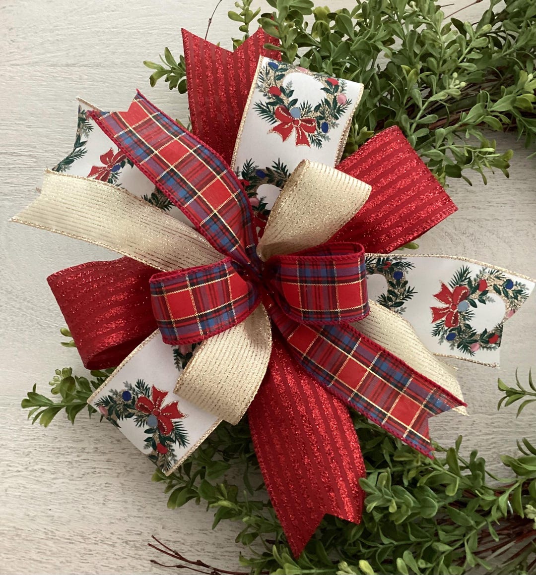Christmas Wreath Bow, Red Blue and Ivory Christmas Bow, Christmas Door ...