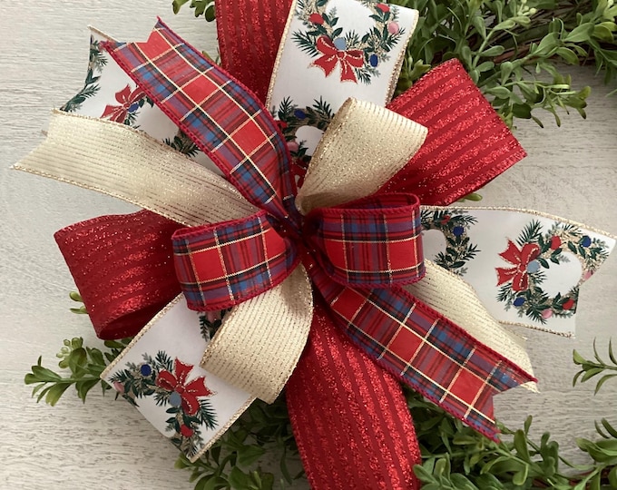 The Maya Red Green & Gold Christmas Tree Topper Bow, Bow Topper for ...