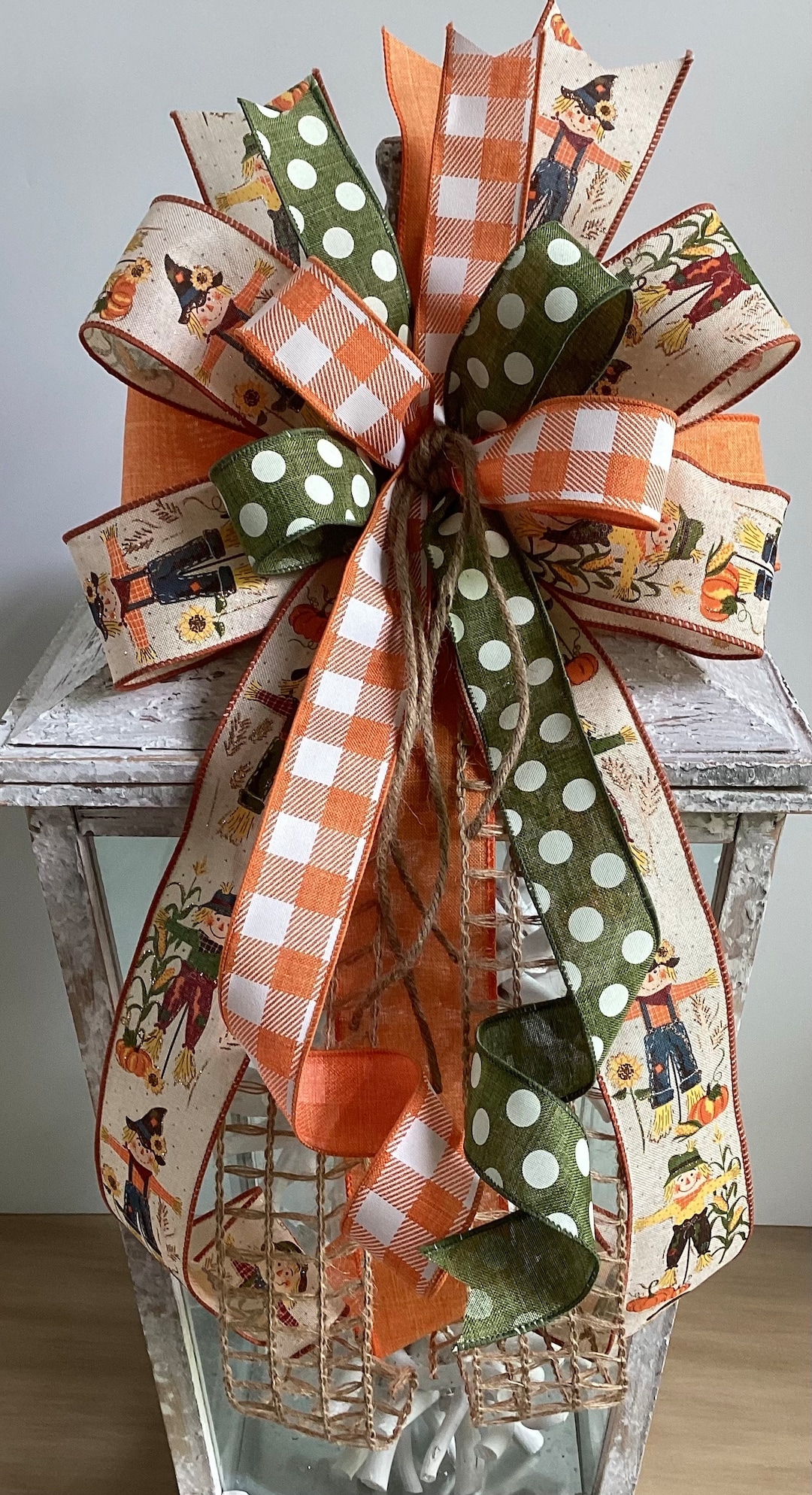 Fall Scarecrow Bow, Lantern Bow, Fall Door Hanger Bow, Wreath ...