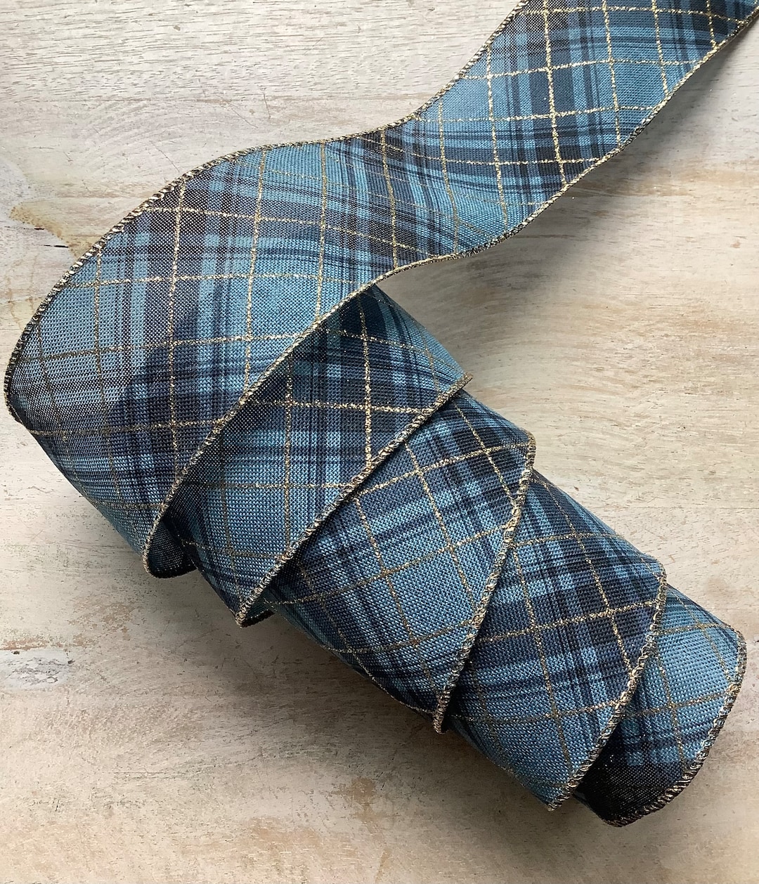 5 Yards Navy Blue and Gold Christmas Plaid Wired Ribbon, Blue and Gold ...