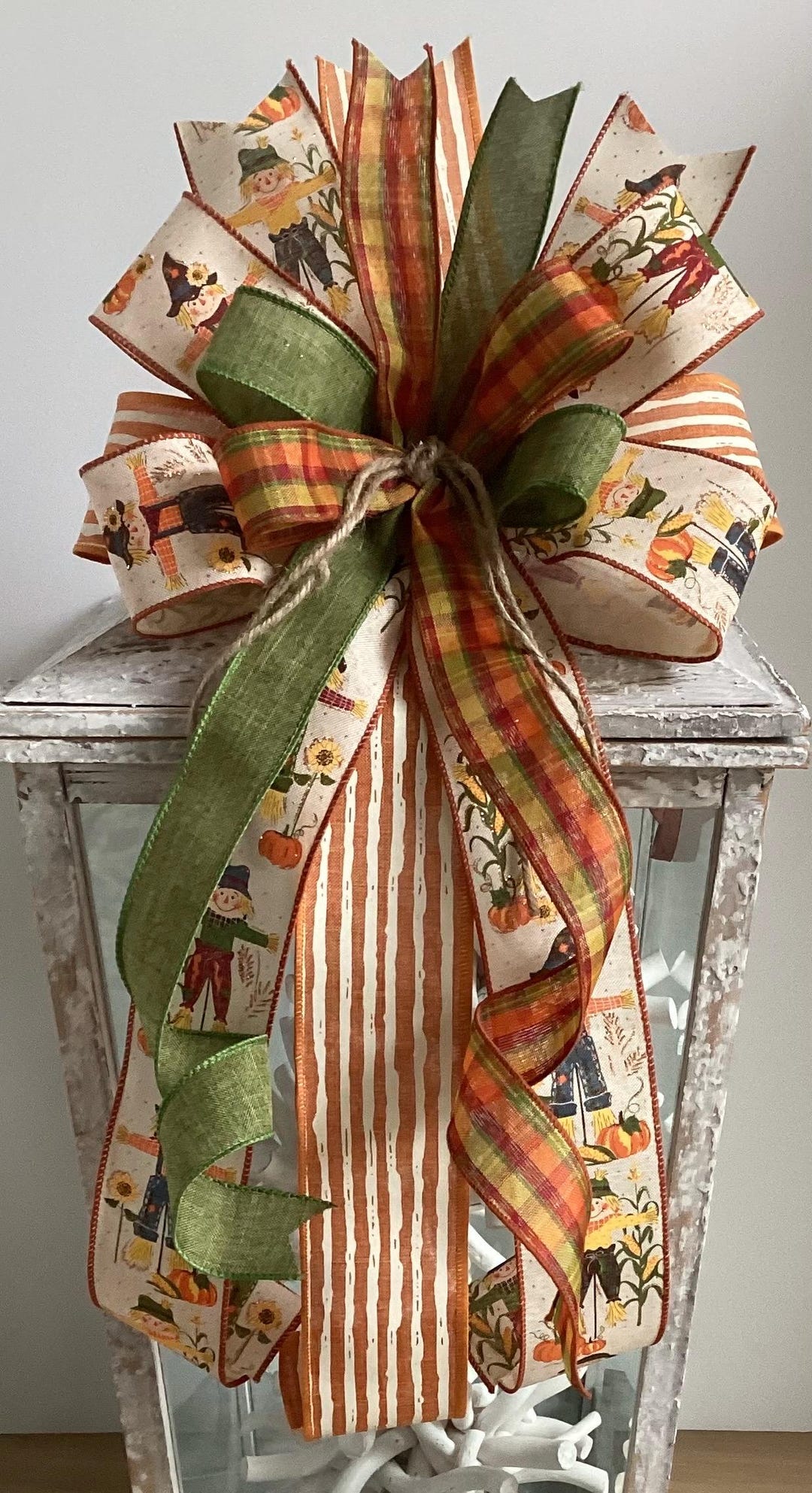 Fall Scarecrow Bow, Lantern Bow, Fall Door Hanger Bow, Wreath ...