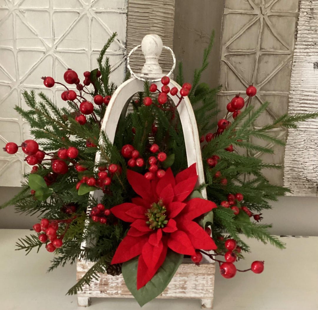Christmas Floral Lantern Arrangement, Poinsettia Centerpiece, Lantern ...