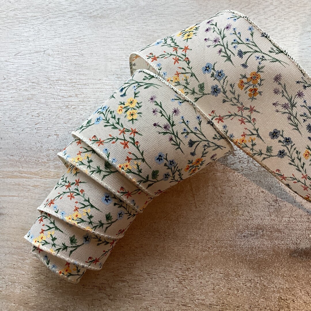 5 Yards Spring Floral Print Wired Ribbon 2.5 Wide Spring Natural Floral ...