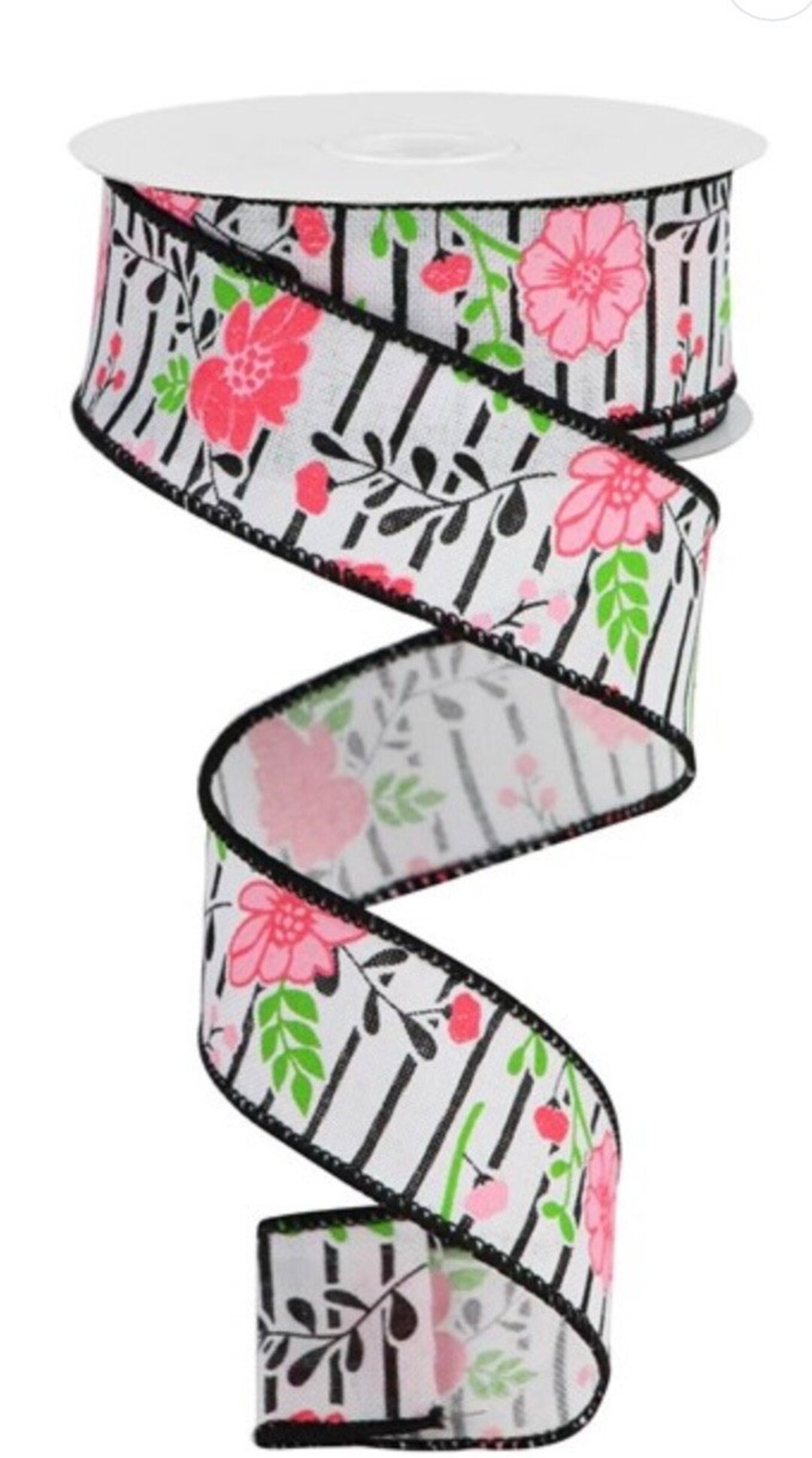 1.5” Black and White Floral With Stripe Wired Ribbon, Spring Floral ...