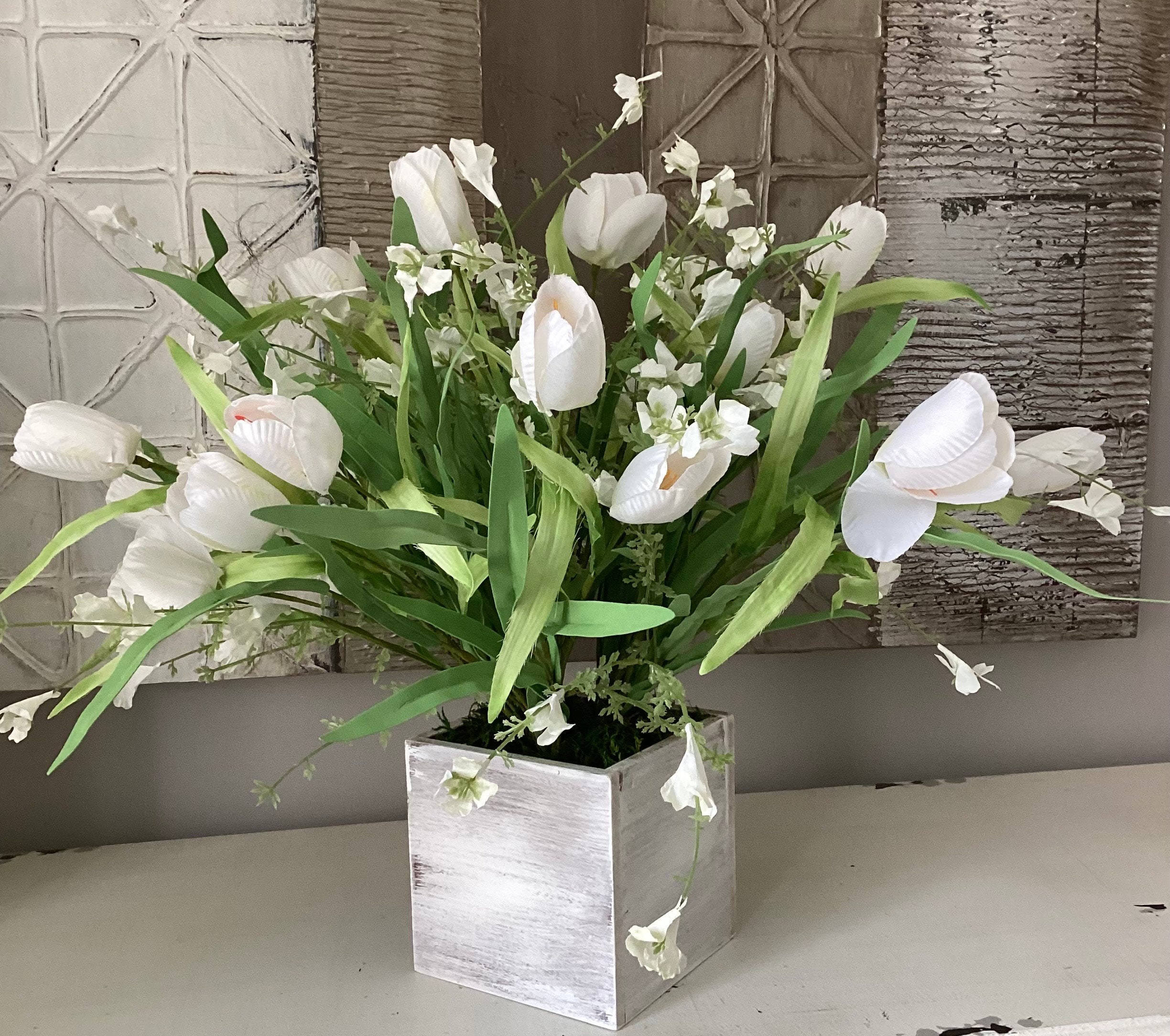 Spring Tulip Arrangement, White Tulip Centerpiece, Flower Box ...