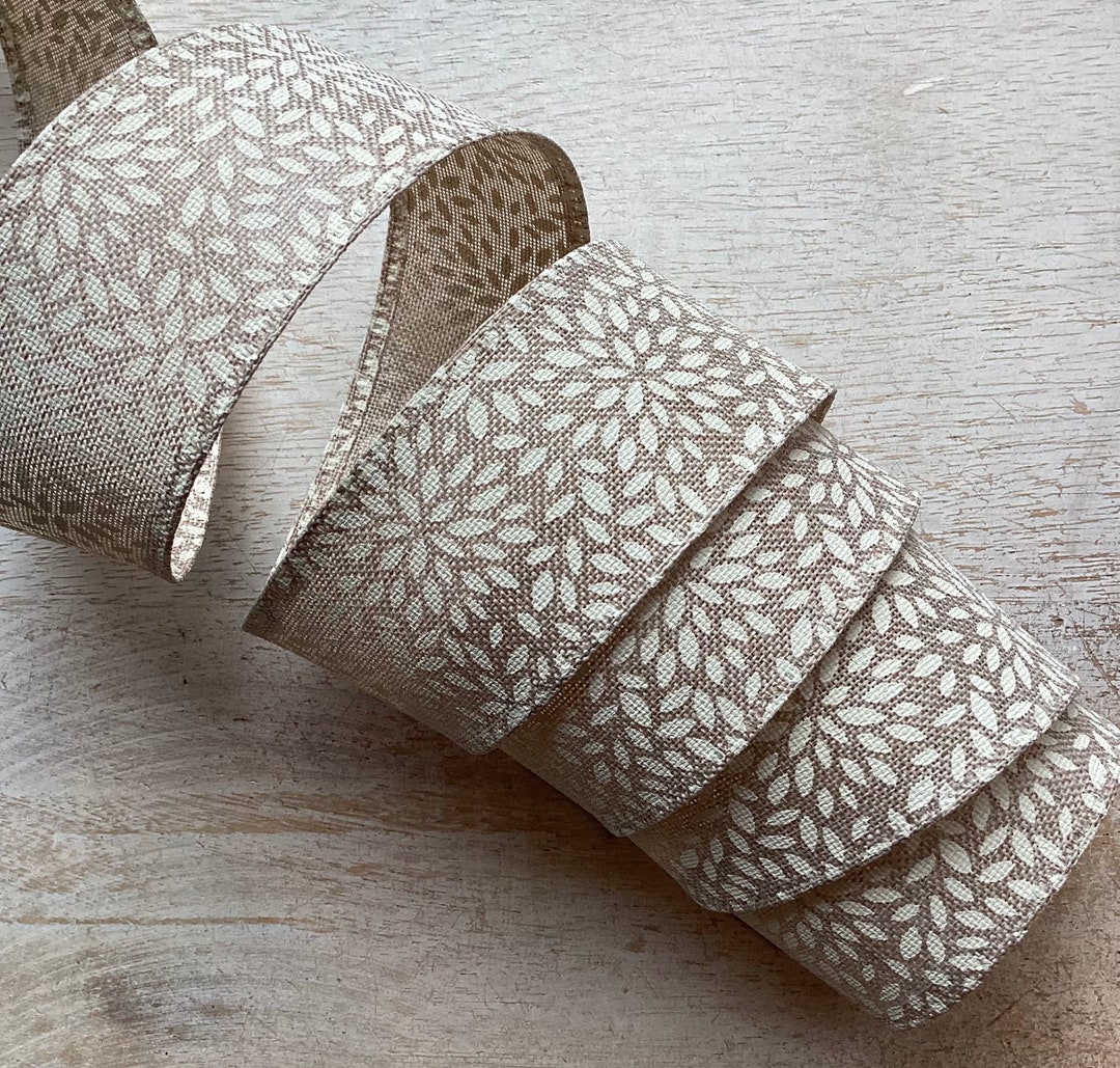 1.5” Natural With White Flowers Wired Ribbon, Everyday Floral Wired ...