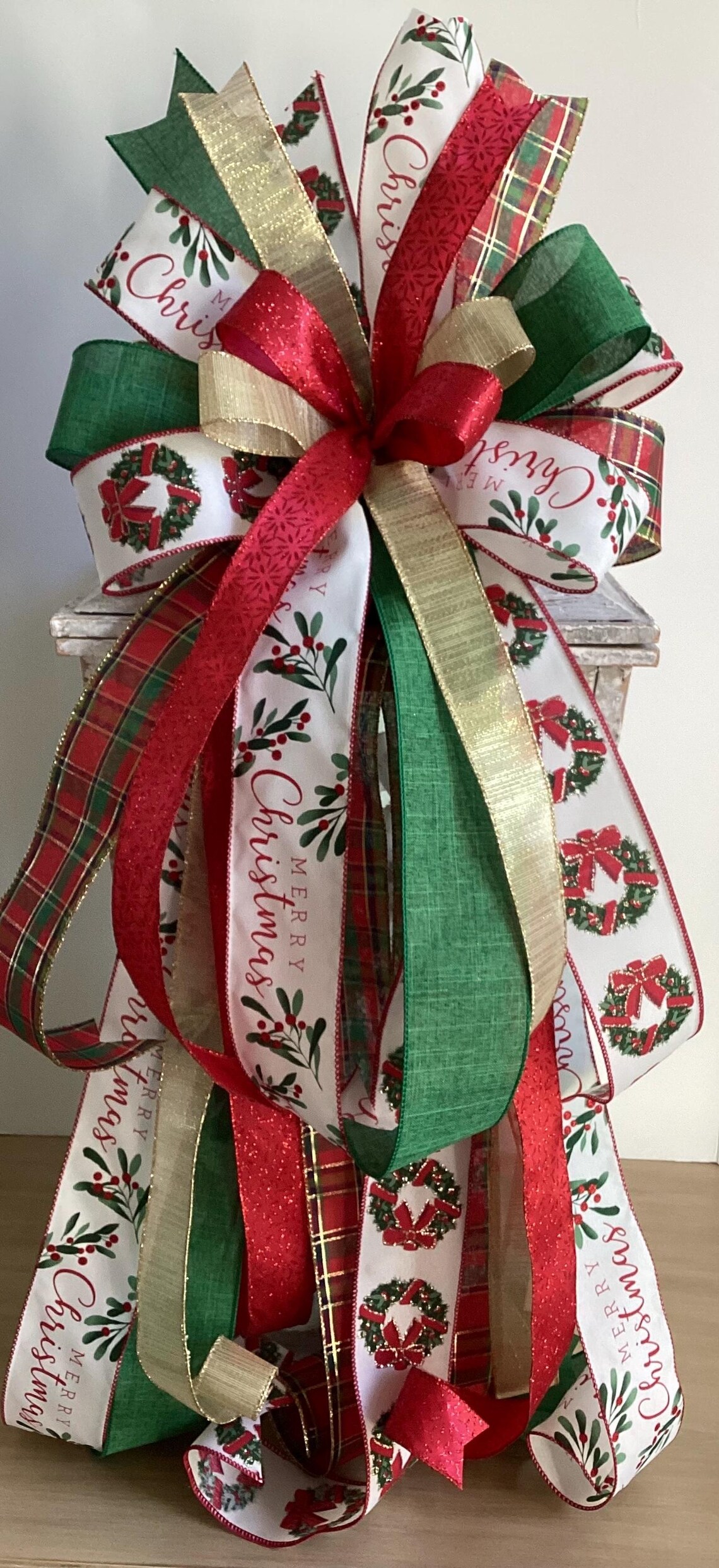 XL Christmas Tree Topper Bow, Red Green and Ivory Christmas Tree Bow ...