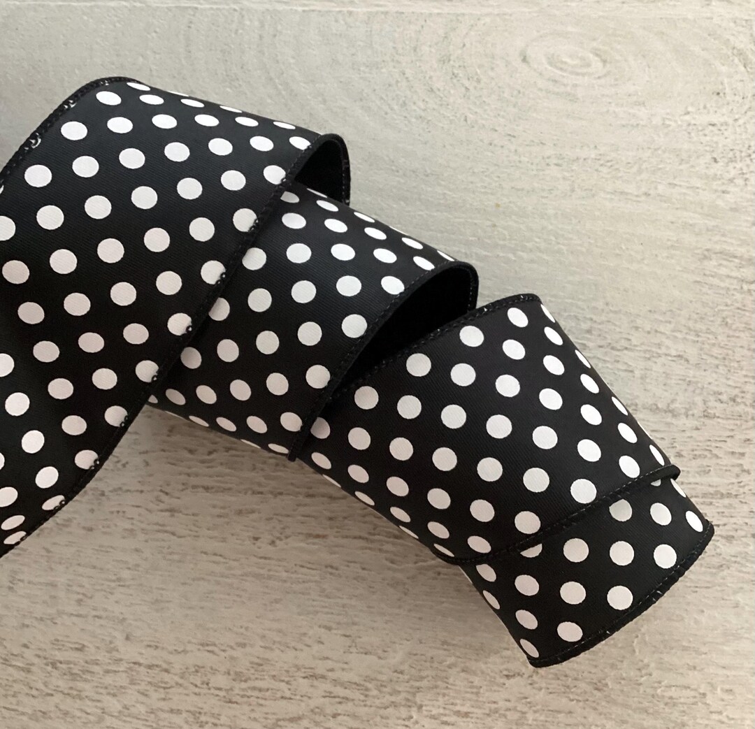 5 Yards 2.5” Black and White Polka Dot Wired Edged Ribbon, Everyday ...