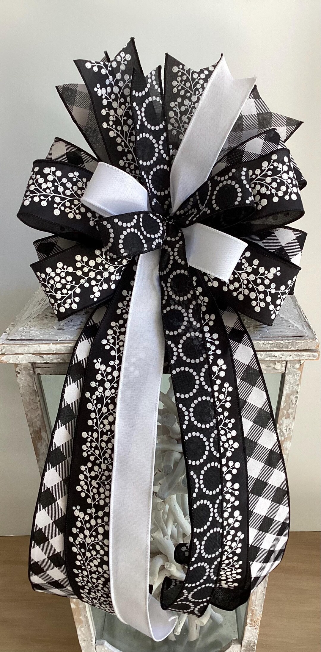 Black and White Christmas Tree Bow, Farmhouse Christmas Wreath Bow ...