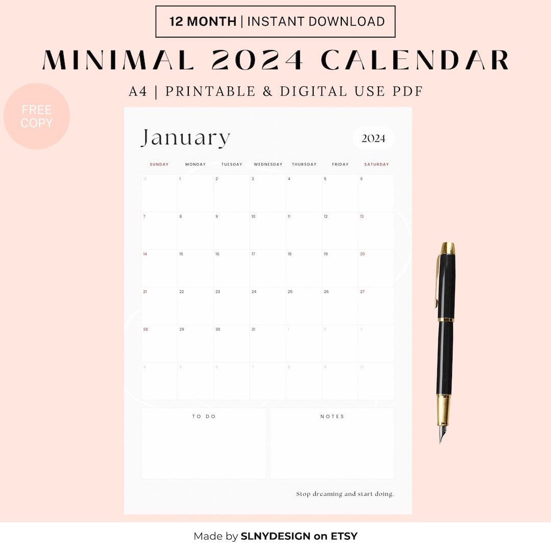 2024 Monthly Planner, 2024 Minimal Black and White Monthly Calendar, A4 ...
