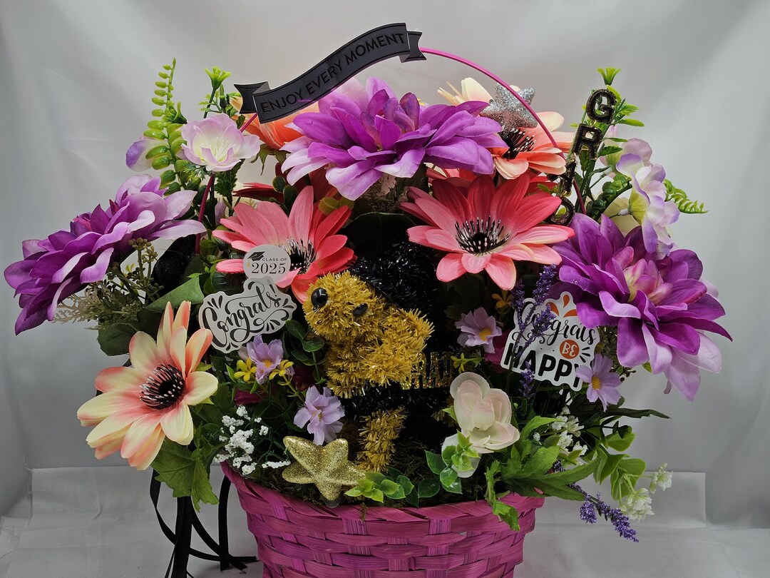 Whimsical Graduation Flower Arrangement: Pink Wicker Basket With Floral ...
