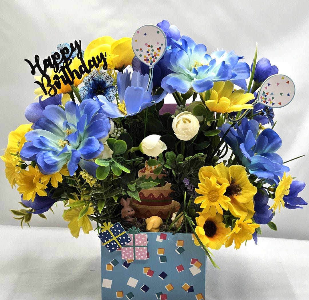 Birthday Flower Arrangement: Blue Gift Box With Cake, Bunnies ...
