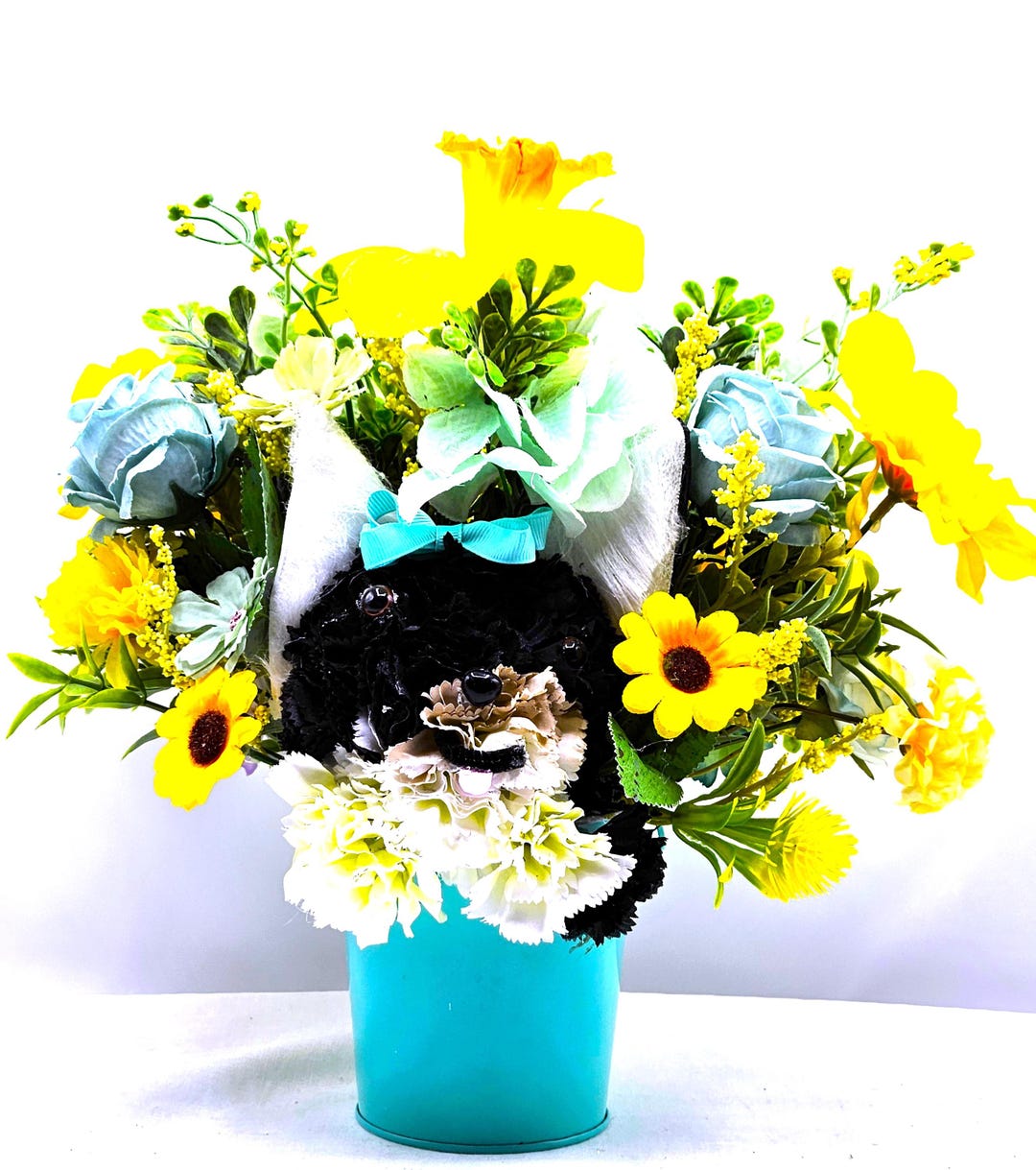 Carnation Flower Dog, Handmade, Black/white in Teal Colored Pot With ...