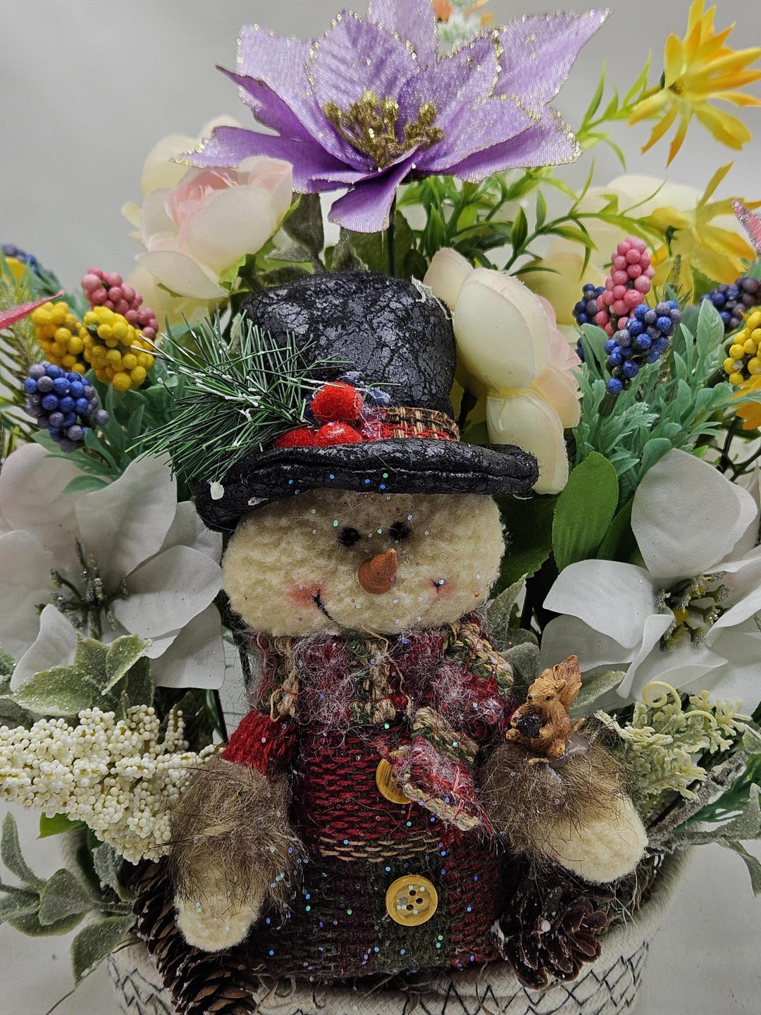 Winter Snowman Flower Arrangement, Stuffed Snowman Sitting in a Garden ...
