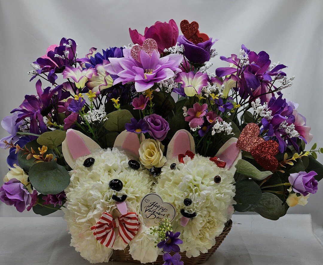 Handmade Carnation Dog Couple, Lilac Purple Pink Flowers, Greenery ...