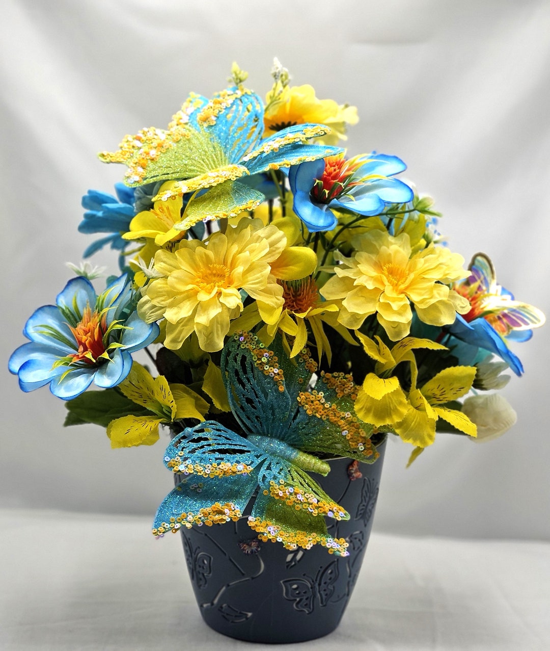 Butterfly Flower Arrangement: Sparkling Teal and Yellow Florals - Etsy