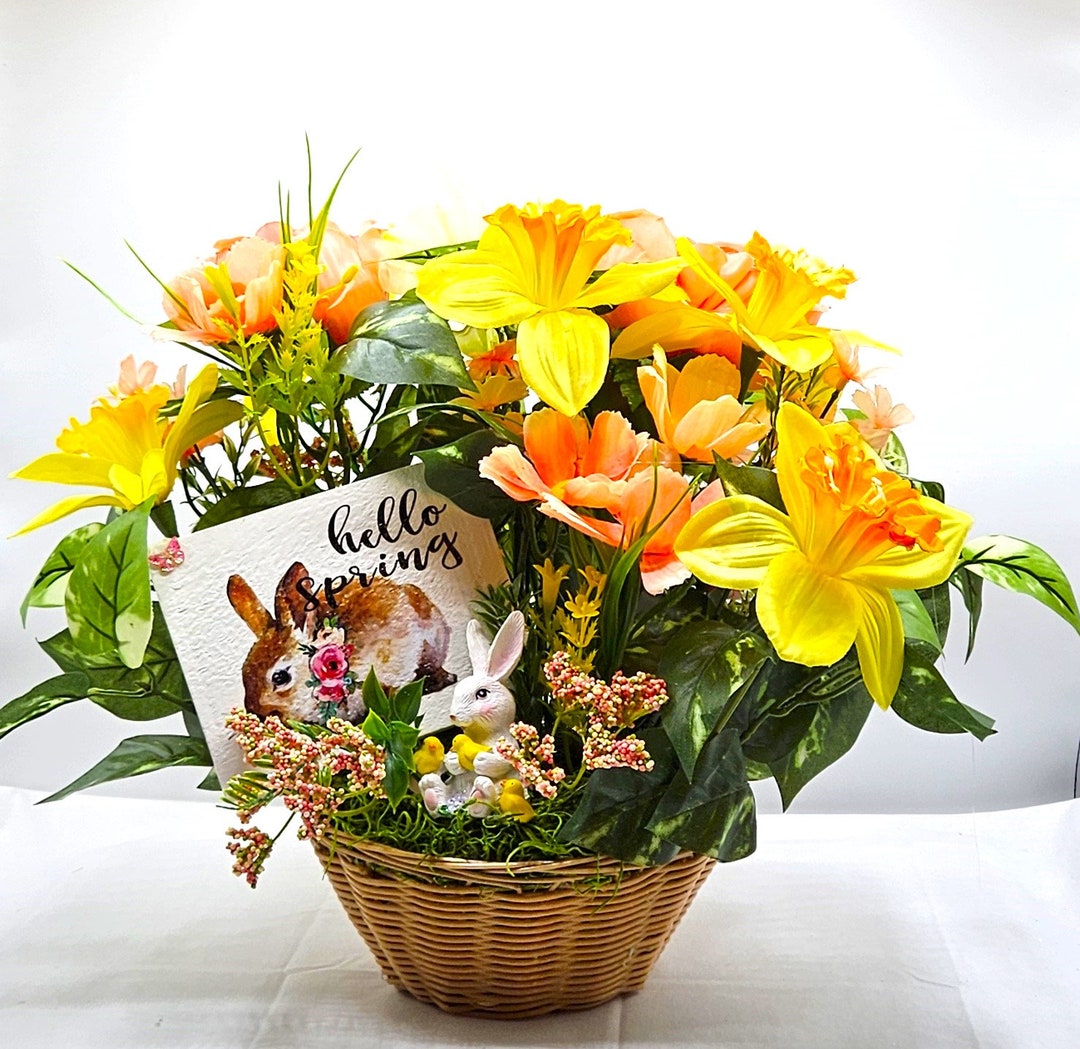Hello Spring Flower Arrangement Featuring Cute Bunnies Amidst Daffodils ...