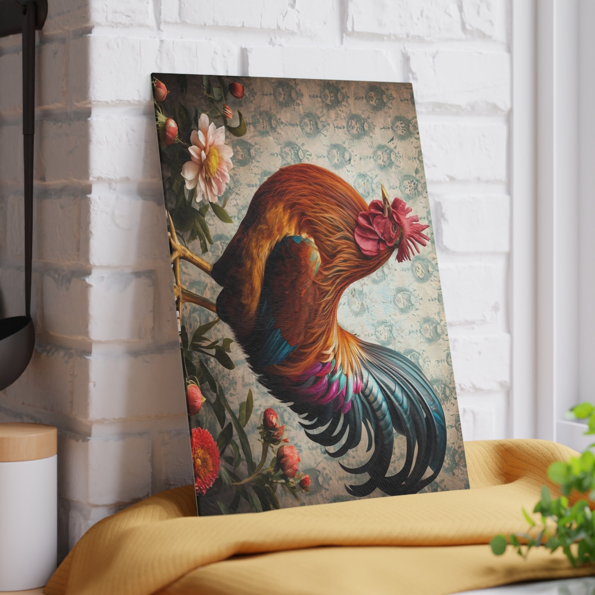 French Farmhouse Rooster Glass Cutting Board/chicken Rectangle/toile ...