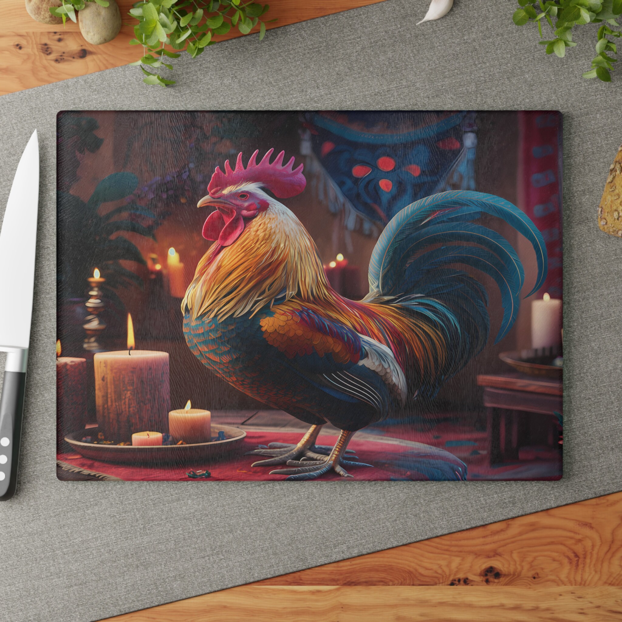 Boho Rooster Cutting Board/glass Cutting Board/rectangle Prep Board ...