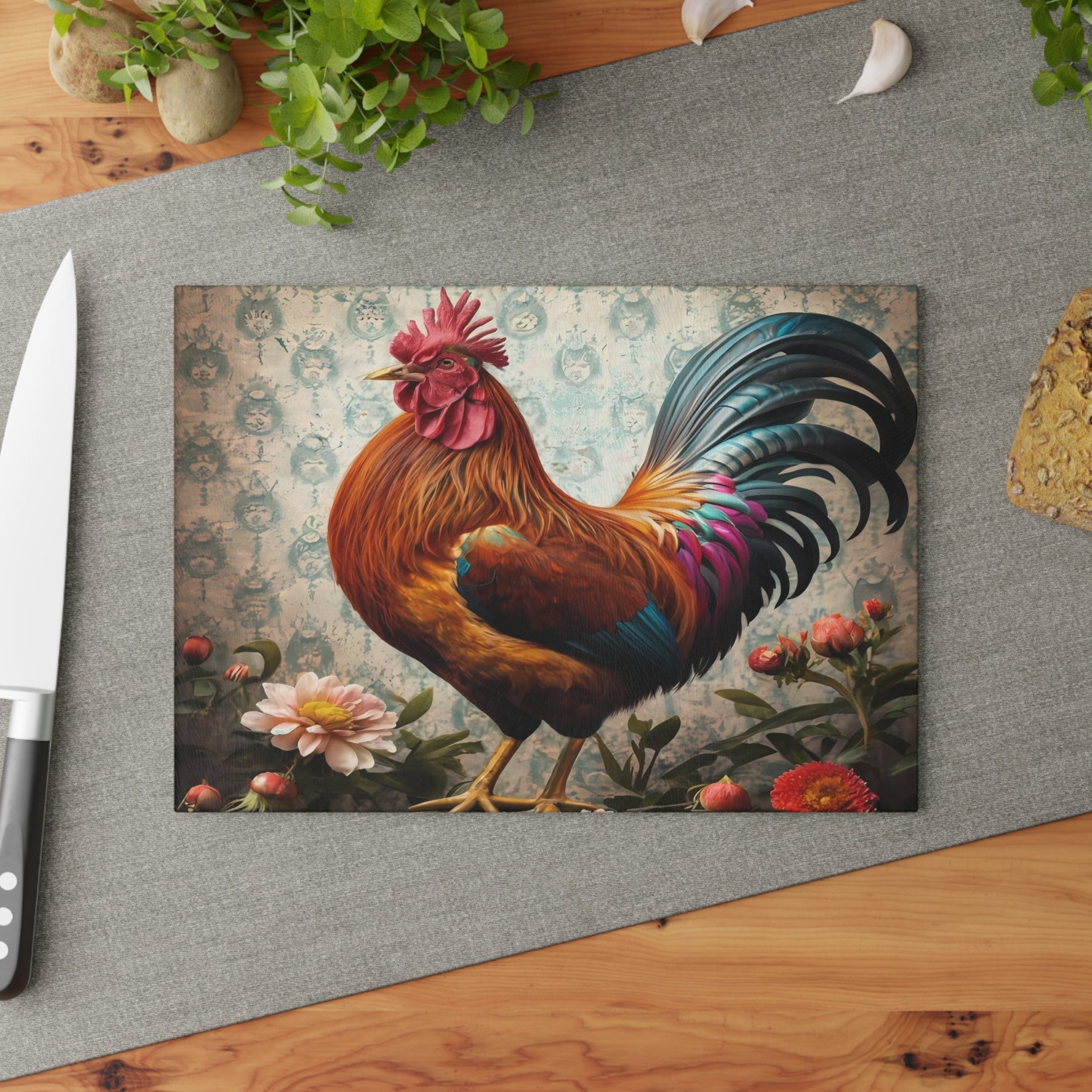 French Farmhouse Rooster Glass Cutting Board/chicken Rectangle/toile ...
