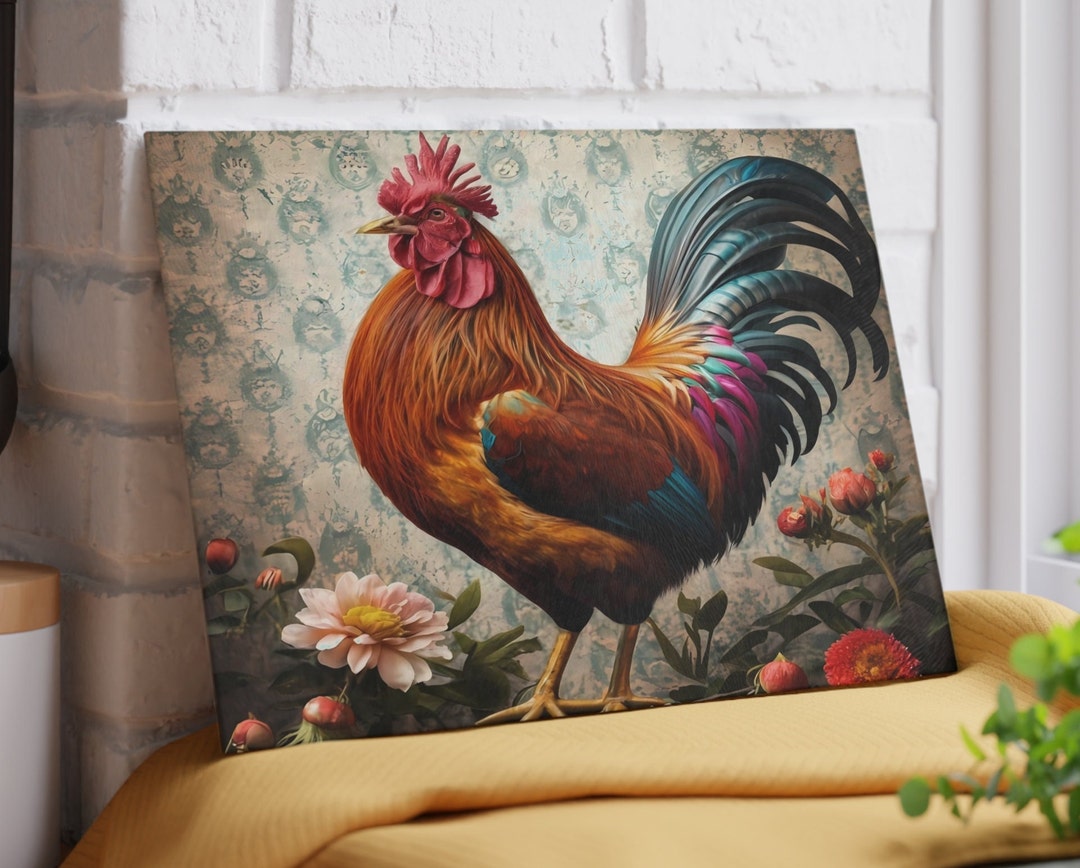French Farmhouse Rooster Glass Cutting Board/chicken Rectangle/toile ...